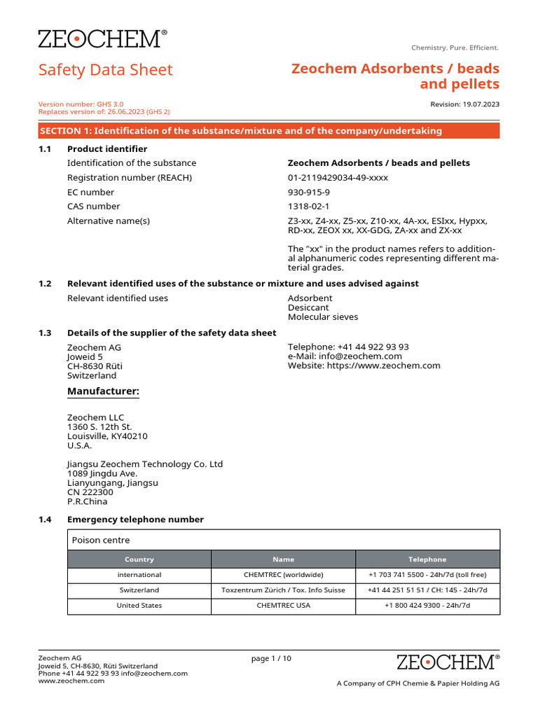 SDS Zeochem Adsorbents Beads and Pellets en UN GHS | PDF