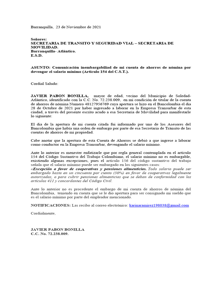 Carta para La Secretaria de Movilidad, de Javier Pabon Bonilla | PDF