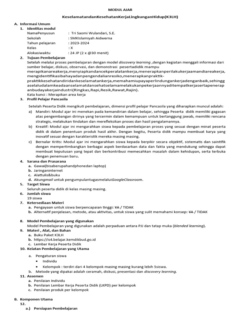 MODUL AJAR K3LH Pbs | PDF