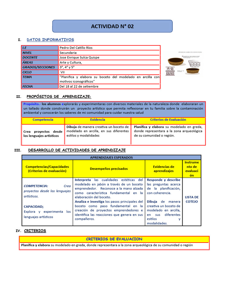 ACTIVIDAD 02 Planifica y Elabora Su Boceto Del Modelado en Arcilla Con Motivos Iconográficos" | PDF