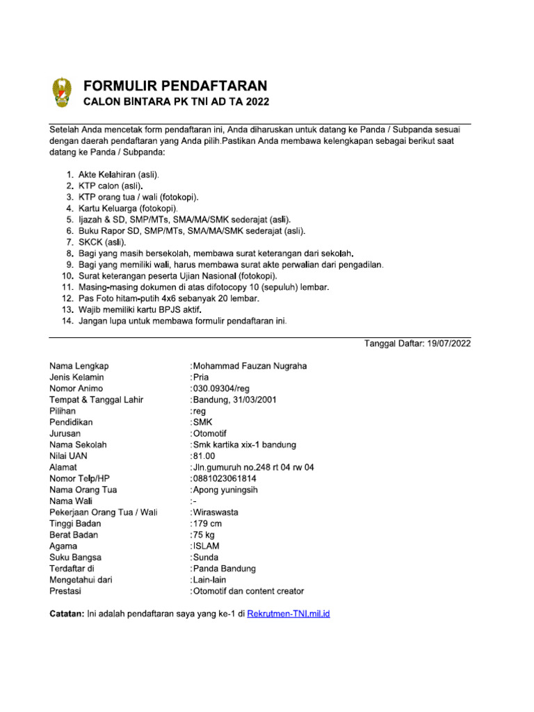 Form Pendaftaran Tni Ad Bintara | PDF
