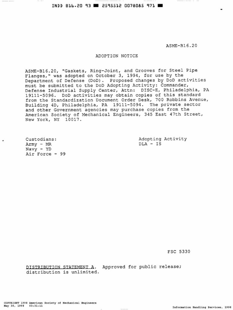 ASME B16.20 1993 - Metalic Gaskets For Pipe Flanges | PDF
