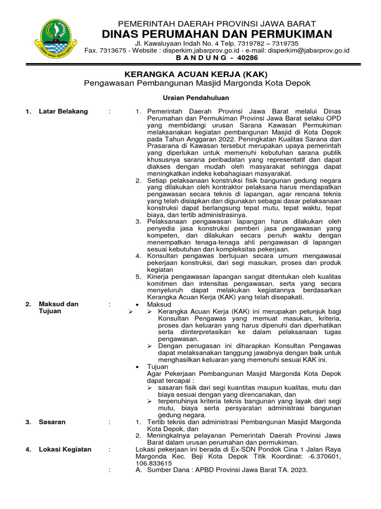 KAK Pengawasan Masjid MargondaRefisi Kaji Ulang.2 | PDF