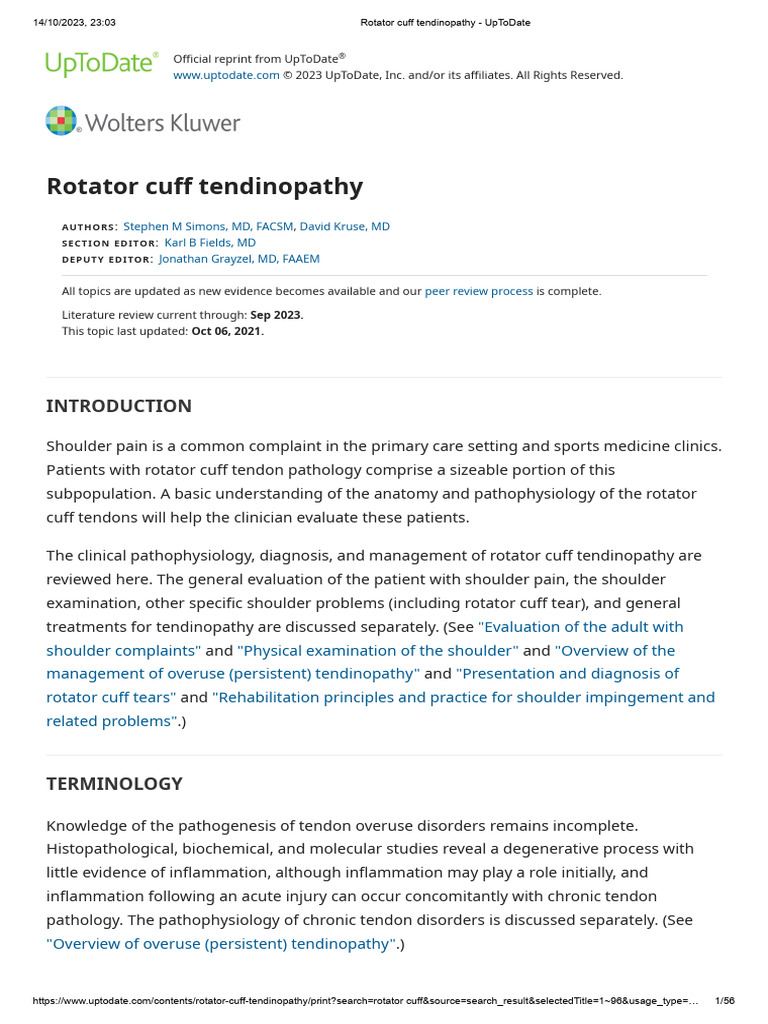 Rotator Cuff Tendinopathy - UpToDate | PDF