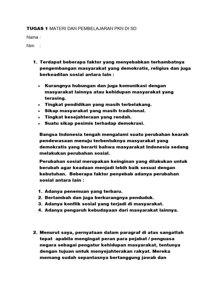 Tugas 1 Materi Dan Pembelajaran PKN Di SD | PDF | Karier & Perkembangan | Ilmu Sosial