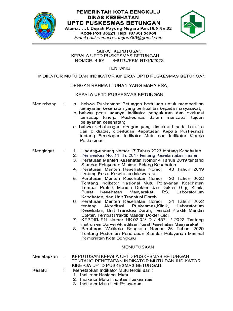 SK Indikator Mutu Dan Indikator Kinerja 2023 PKM BTG | PDF