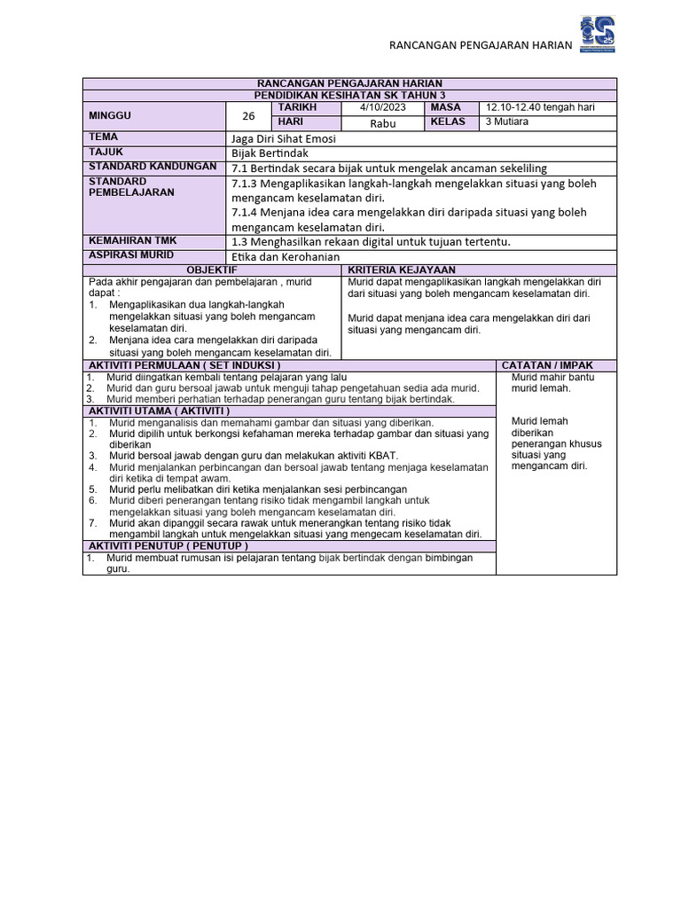 RPH PK m26 3m Rabu | PDF | Karier & Perkembangan