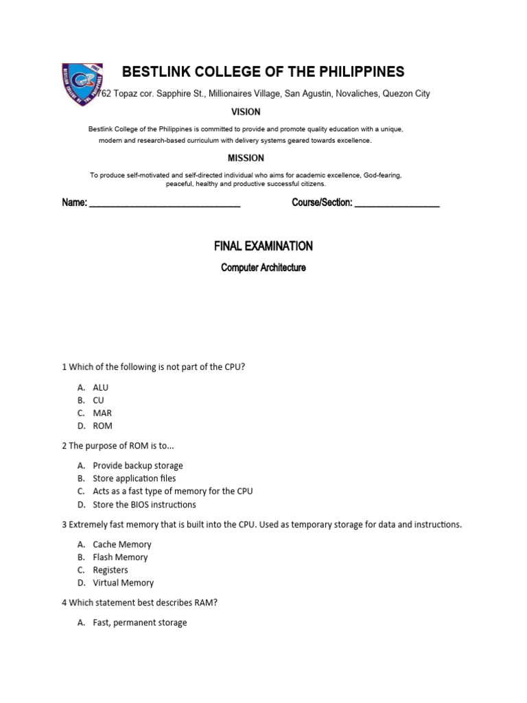 Computer Architecture Final Exam Mark Gerald B Medenilla Pdf 2989