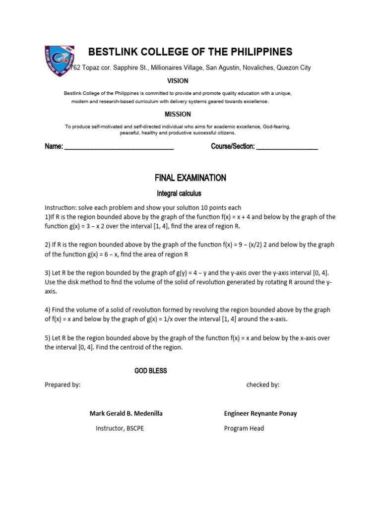 Integral Calculus Final Exam Mark Gerald B Medenilla Pdf