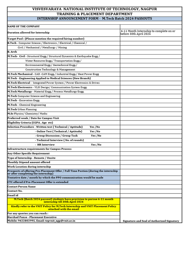 VNIT Nagpur M.tech Internship Announcement Form 2023-24-1 | PDF
