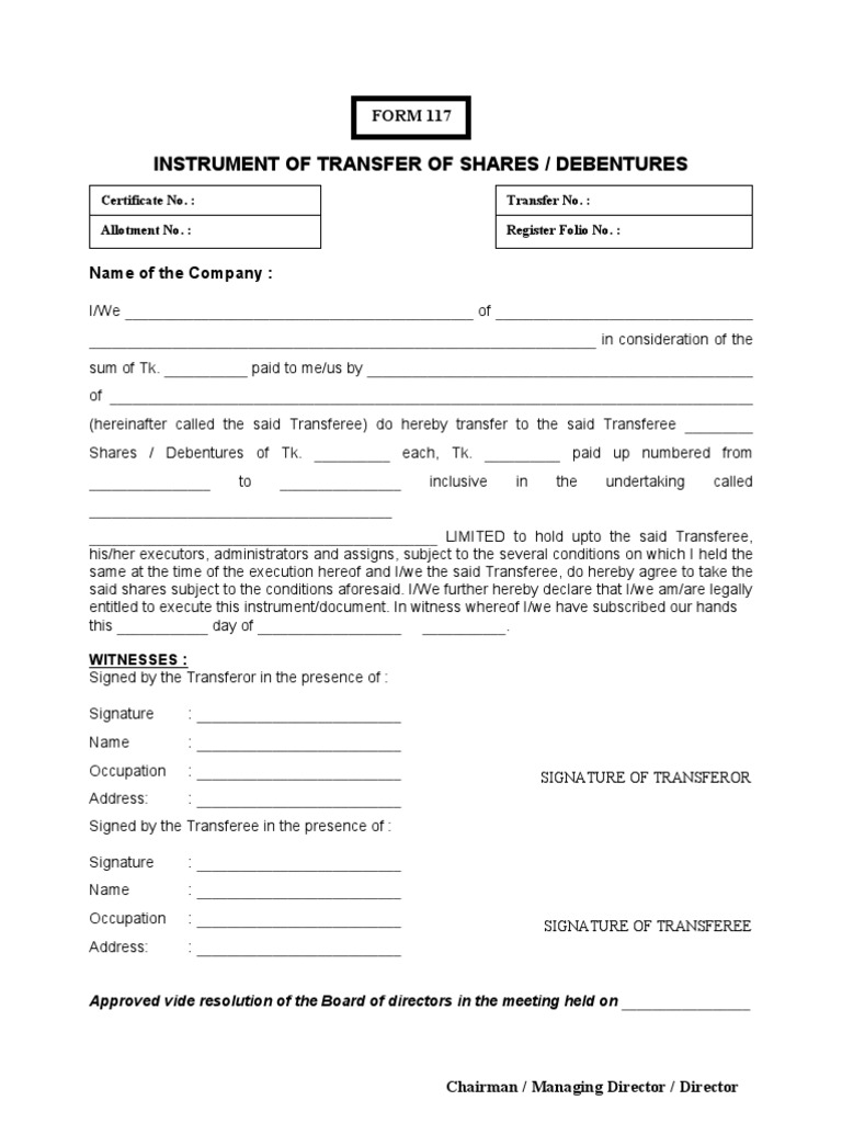 Instrument of Transfer of Shares / Debentures: FORM 117 | PDF