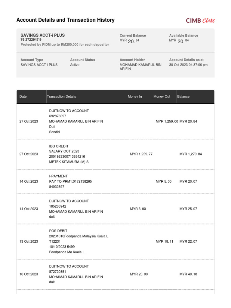Account Transactions Summary | PDF