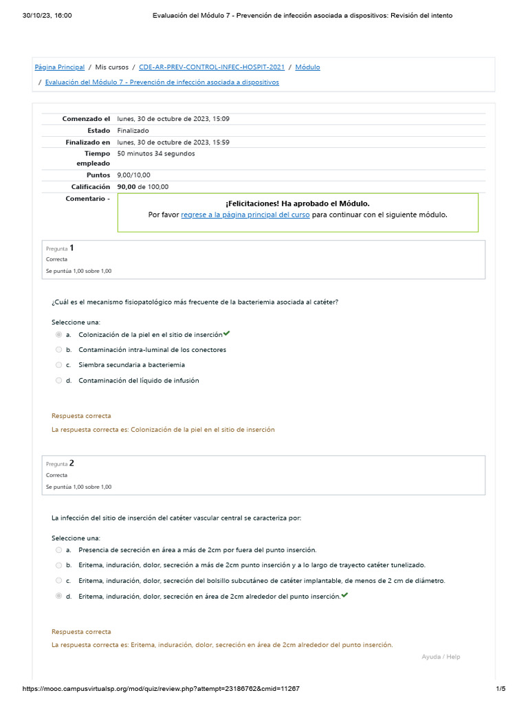 Evaluación Del Módulo 7 - Prevención de Infección Asociada A Dispositivos - Revisión Del Intento ...