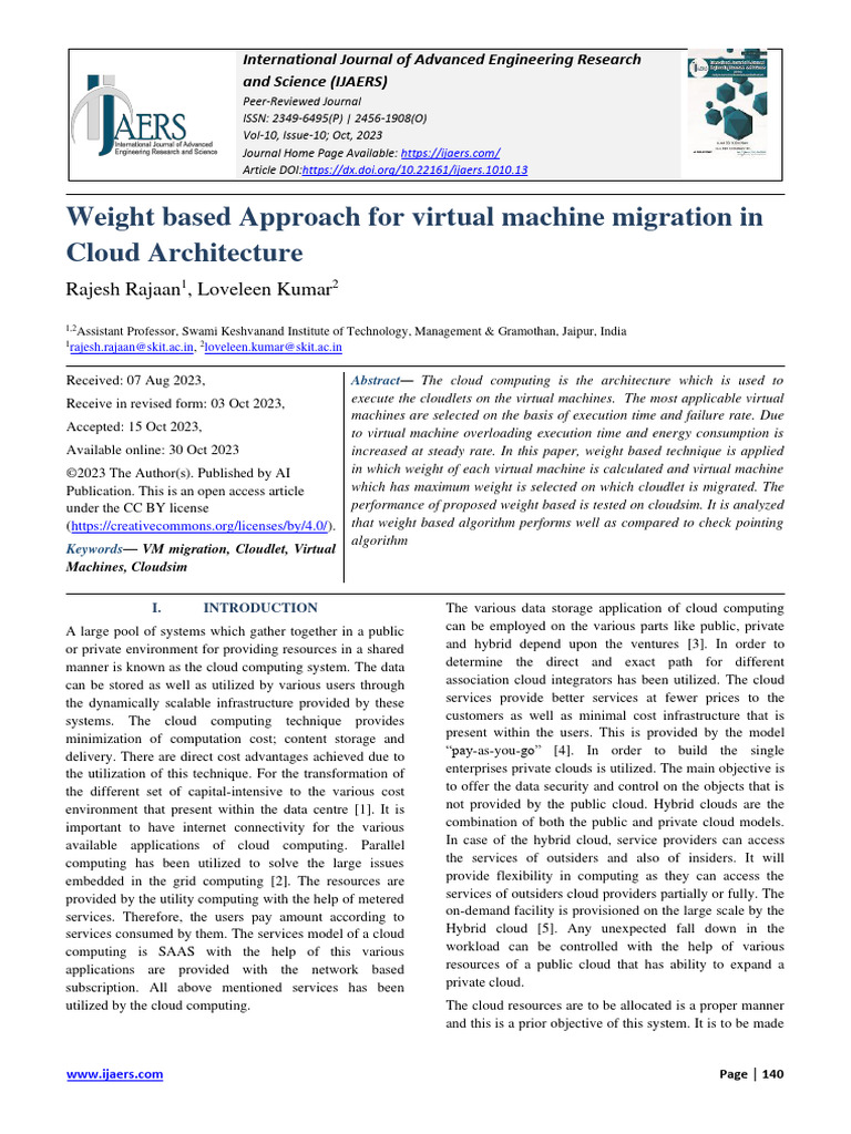 Weight Based Approach For Virtual Machine Migration in Cloud Architecture | PDF