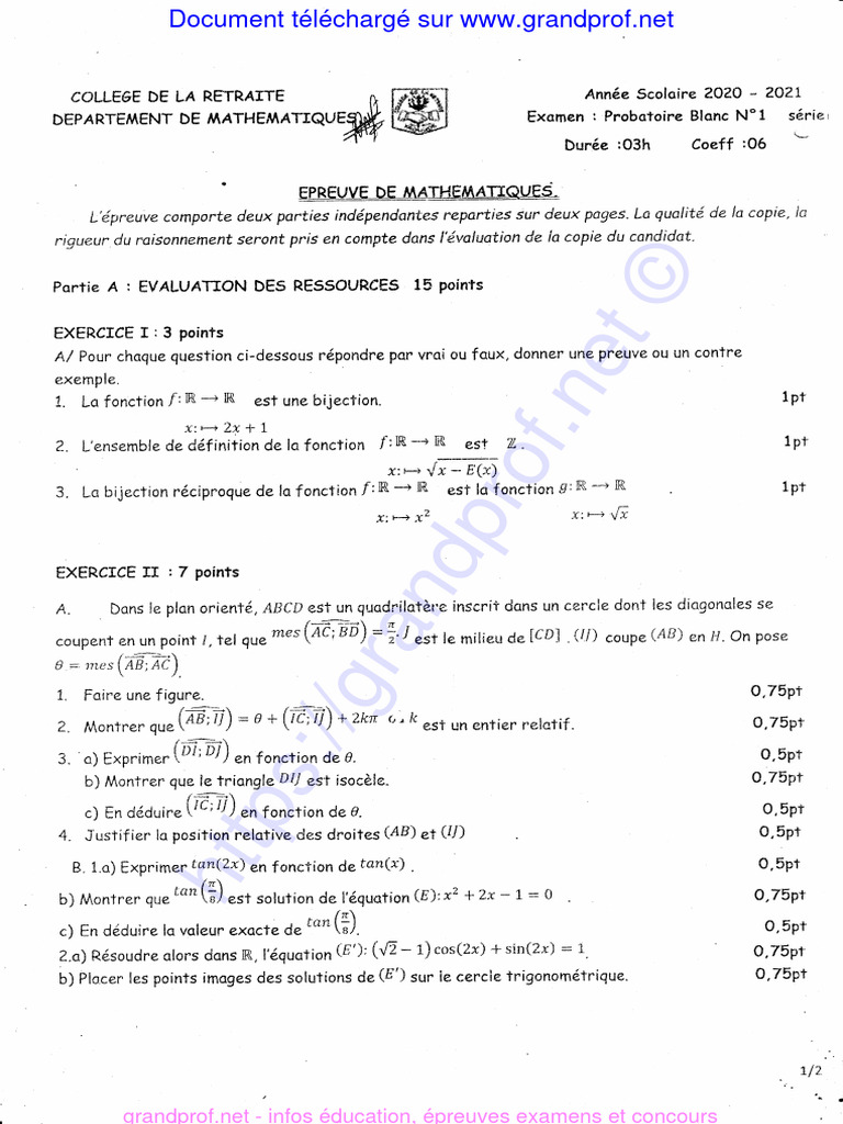 Maths College de La Retraite Probatoire Blanc N°1 Serie C .2021 | PDF | Ordinateurs