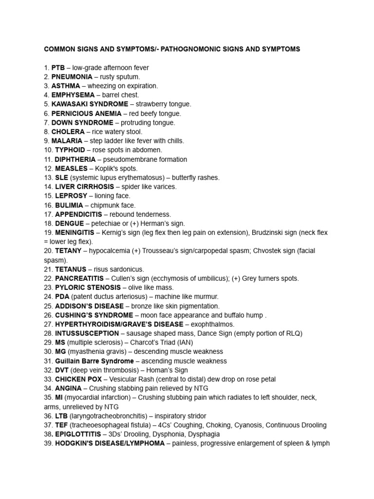 Common Signs and Symptoms - Pathognomonic Signs and Symptoms | PDF Common Signs and Symptoms - Pathognomonic Signs and Symptoms | PDF