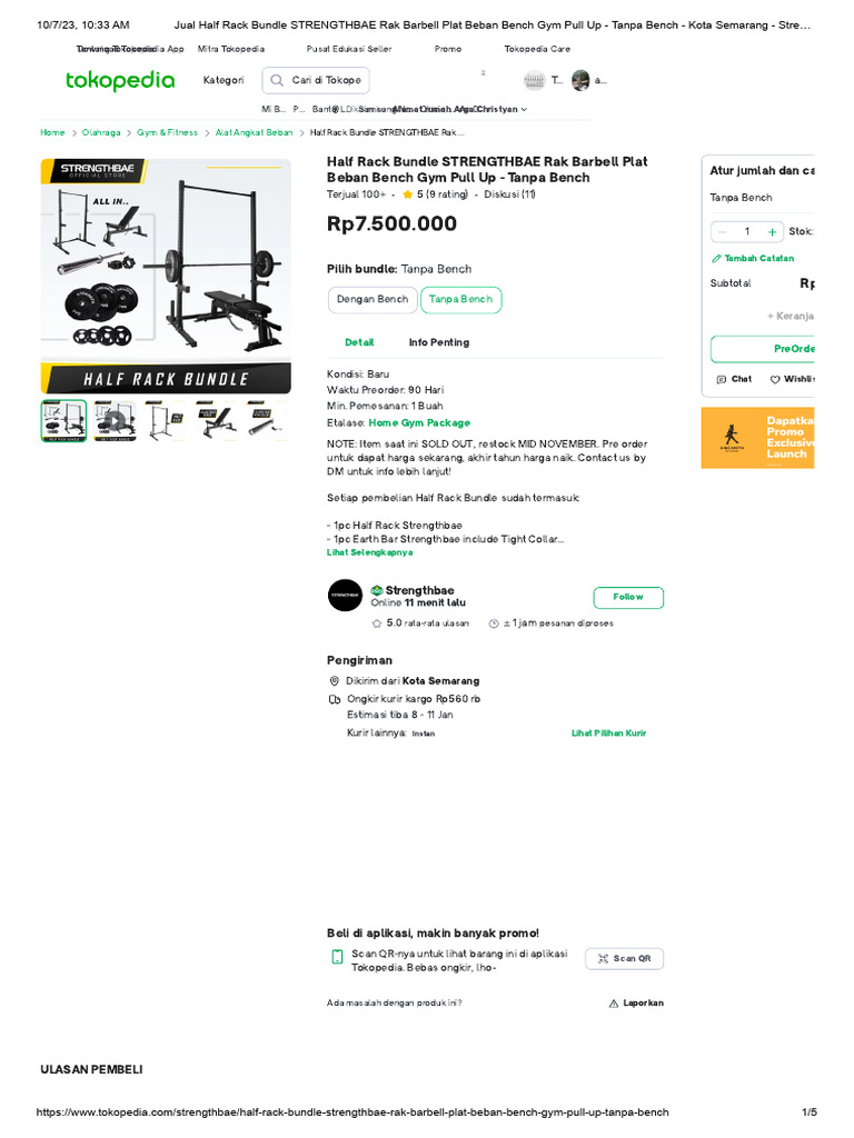 Jual Half Rack Bundle STRENGTHBAE Rak Barbell Plat Beban Bench Gym Pull ...