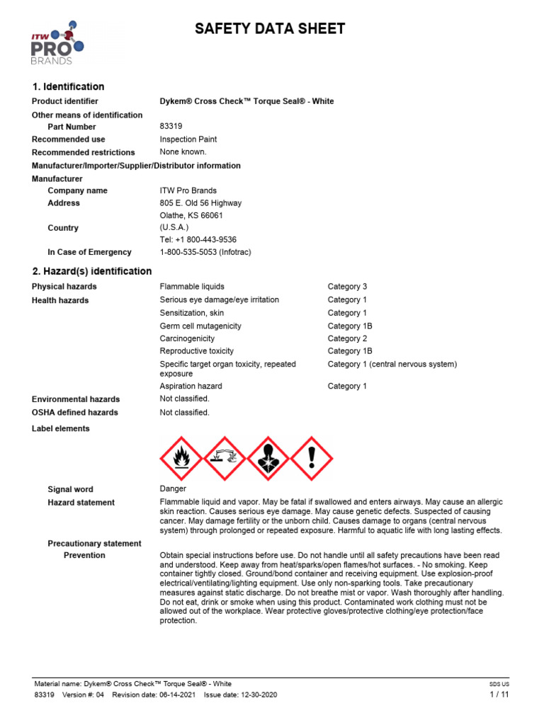 Dykem - CrossCheckTorqueSealWhite - Paint - US - English SDS | PDF