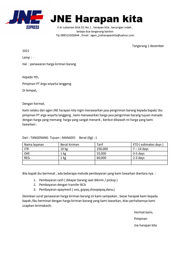 Surat Penawaran Jne | PDF