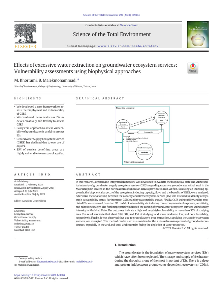 Effects Of Excessive Water Extraction On Groundwater Ecosystem Services