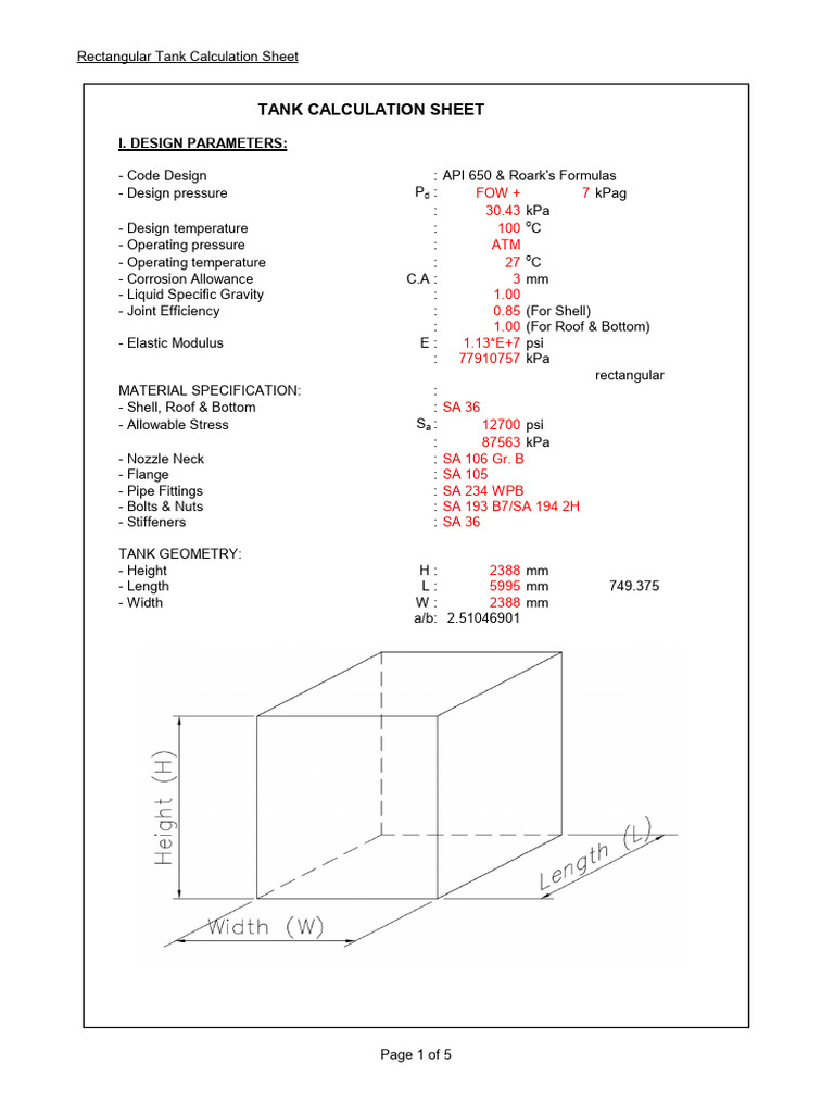 Tank Calculation Sheet: Fow + 7 30.43 100 ATM 27 3 1.00 0.85 1.00 1.13 ...