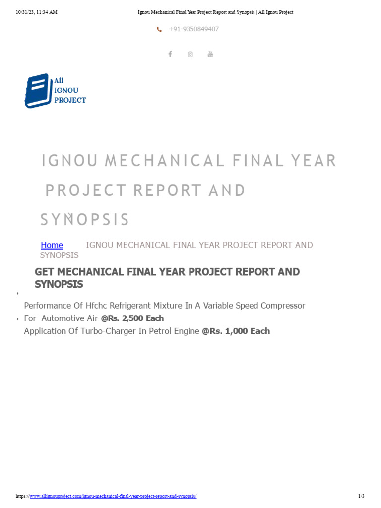 Ignou Mechanical Final Year Project Report and Synopsis | PDF