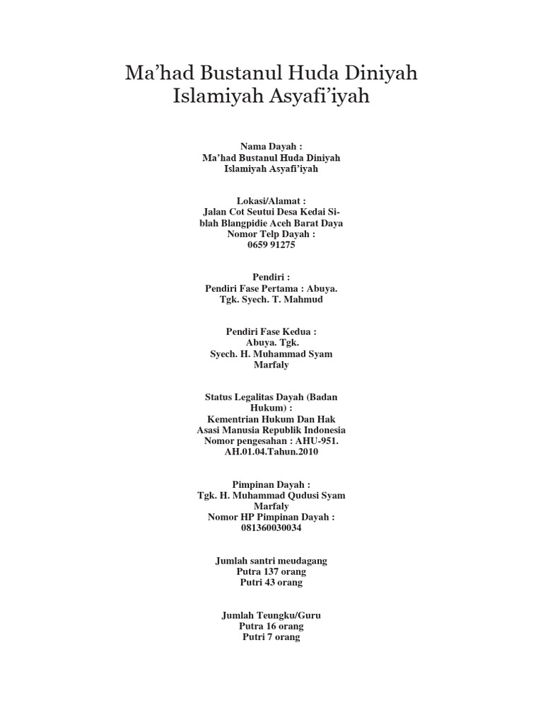Sejarah Ma’had Bustanul Huda Aceh | PDF