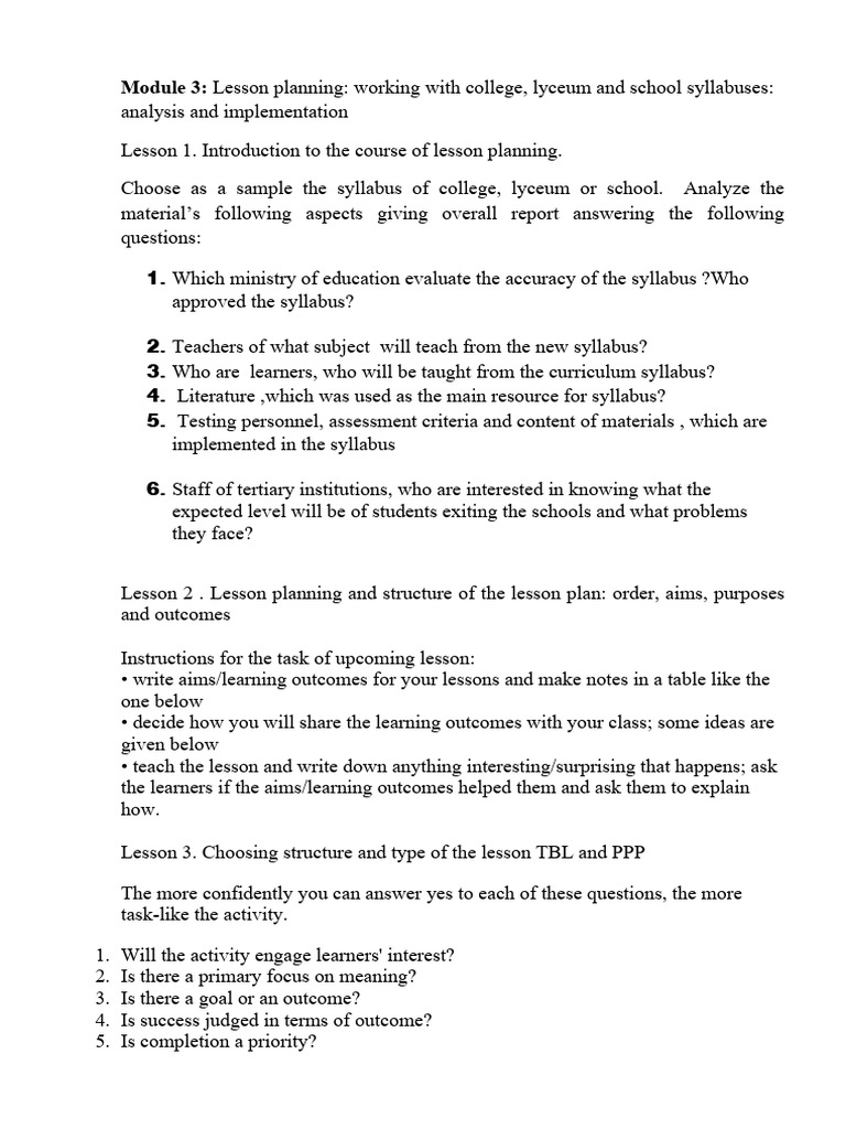 Lesson Planning - Module Course 3 - Course | PDF