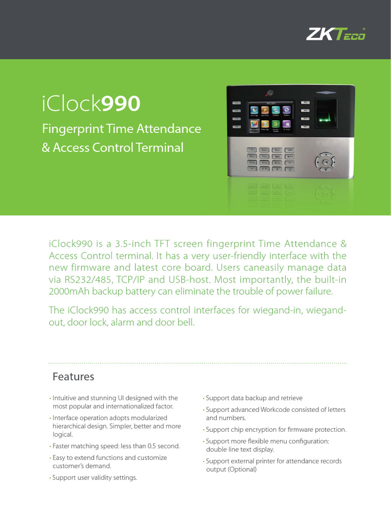 iClock990: Fingerprint Attendance System | PDF