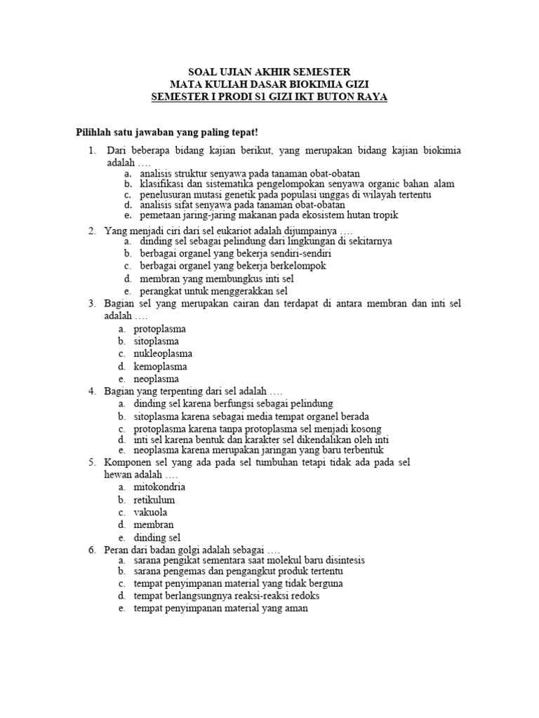 Soal Uas Biokimia Gizi | PDF