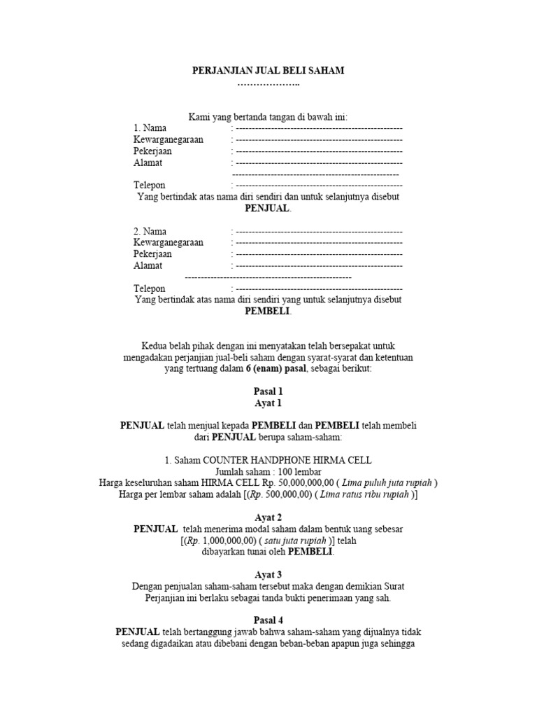Contoh Perjanjian Jual Beli Saham 1 | PDF