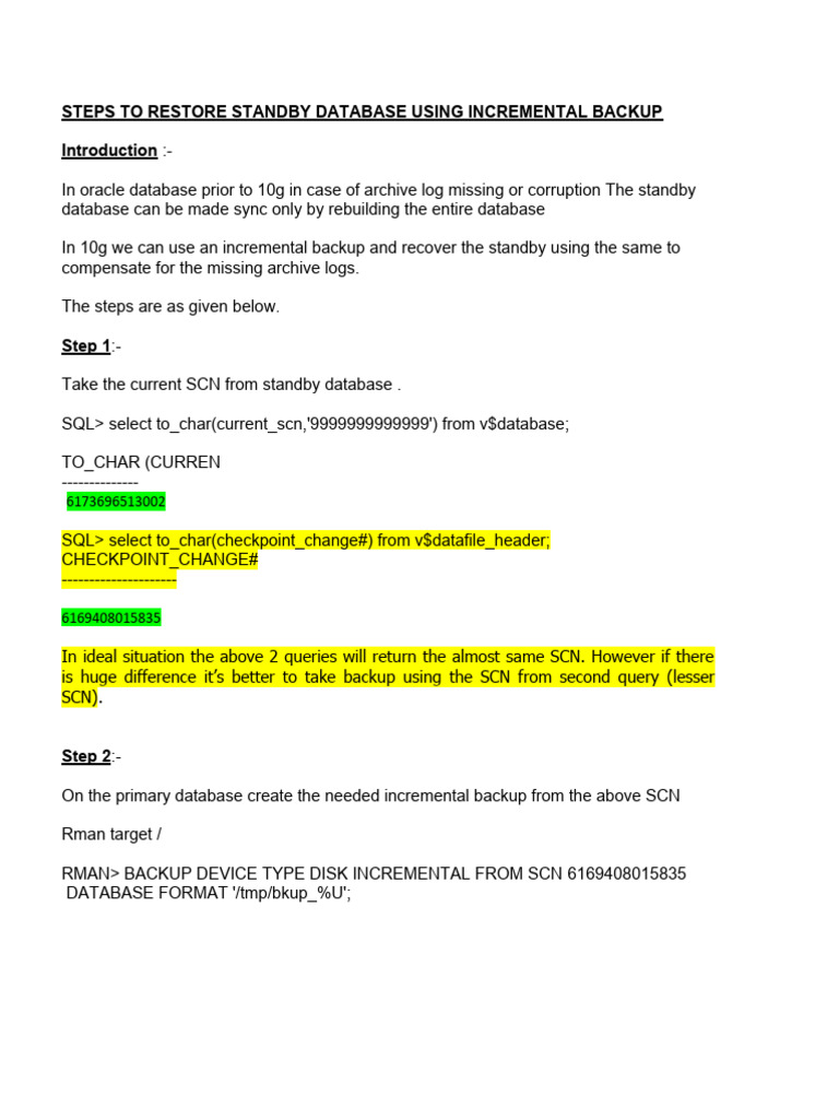 Steps To Restore Standby Database Using Incremental Backup Pdf