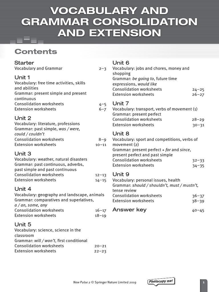 NP2 Vocabulary and Grammar Consolidation and Extension Worksheets | PDF