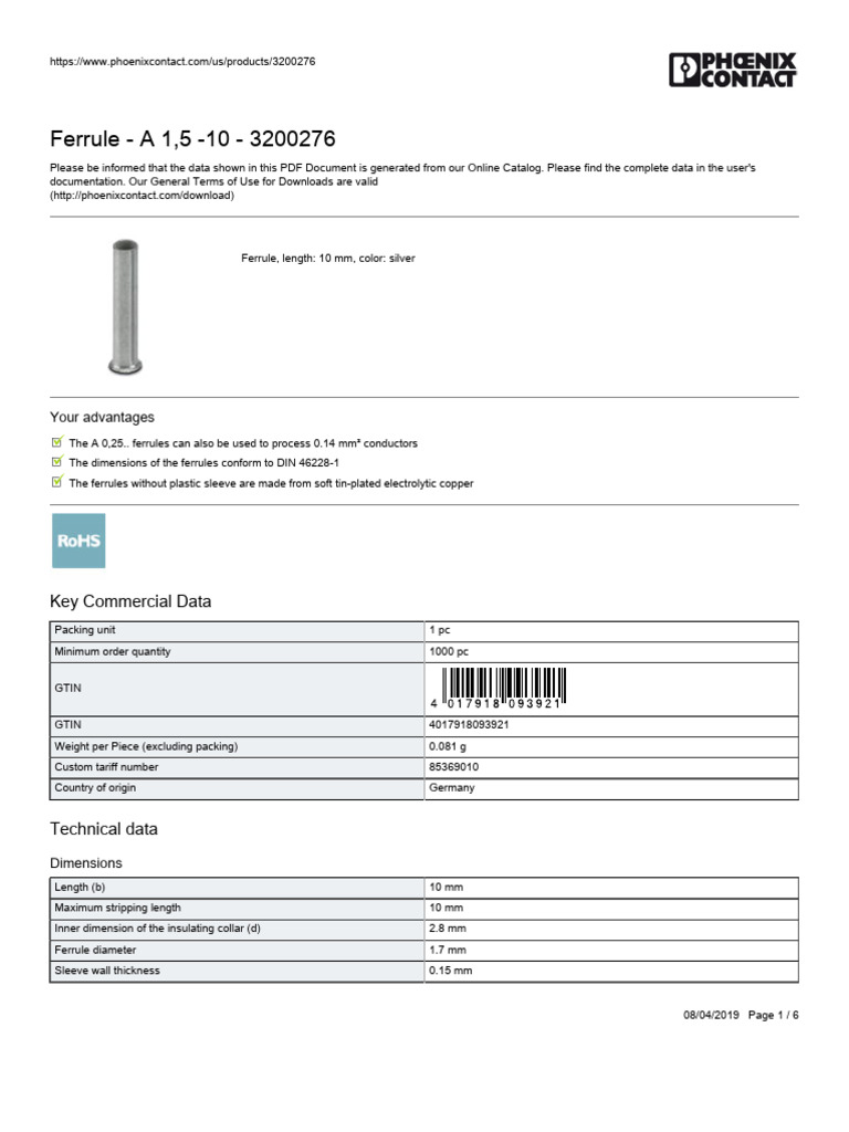 Ferrule - A 1,5 - 10 - 3200276: Key Commercial Data | PDF | Technology ...