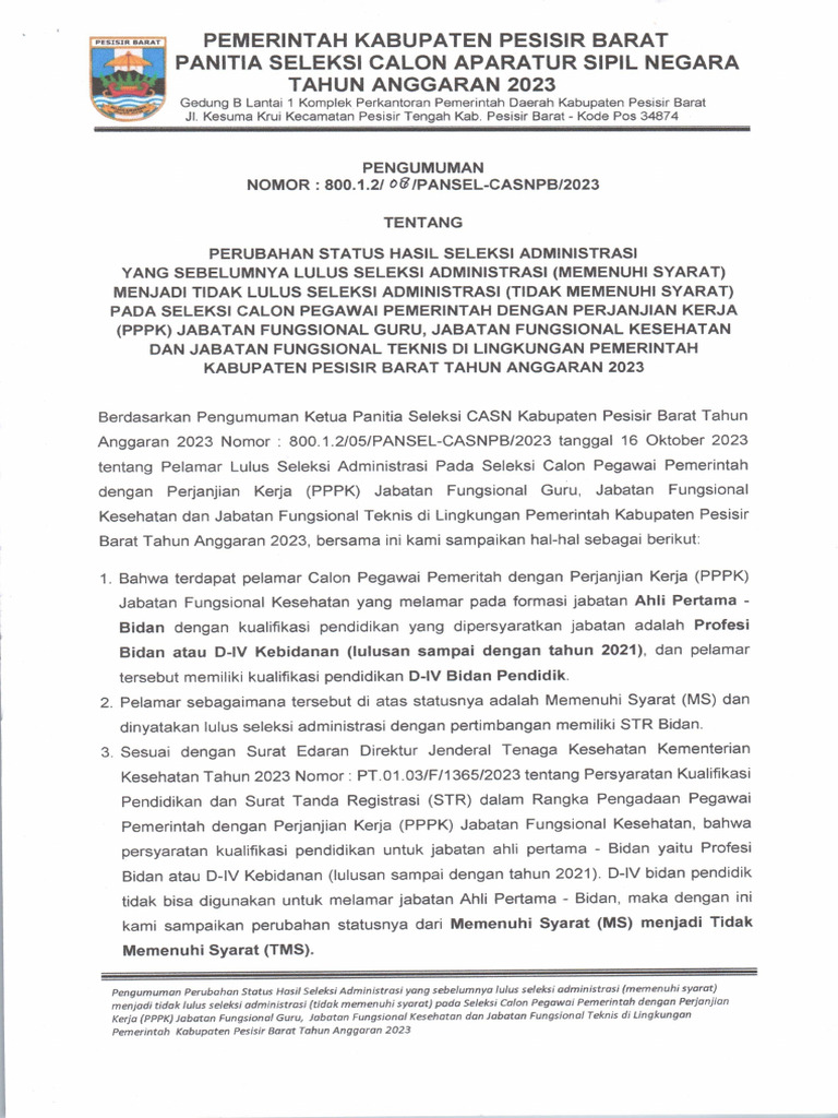 Pengumuman Berubah Status Pelamar PPPK Kab. Pesisir Barat Tahun 2023 Dari MS Menjadi TMS | PDF