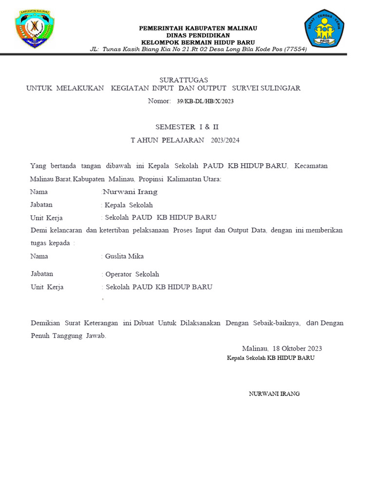 Surat Tugas Operator Sekolah | PDF