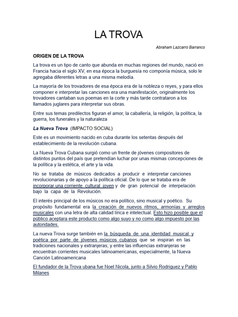 Orígenes y características de la trova | PDF