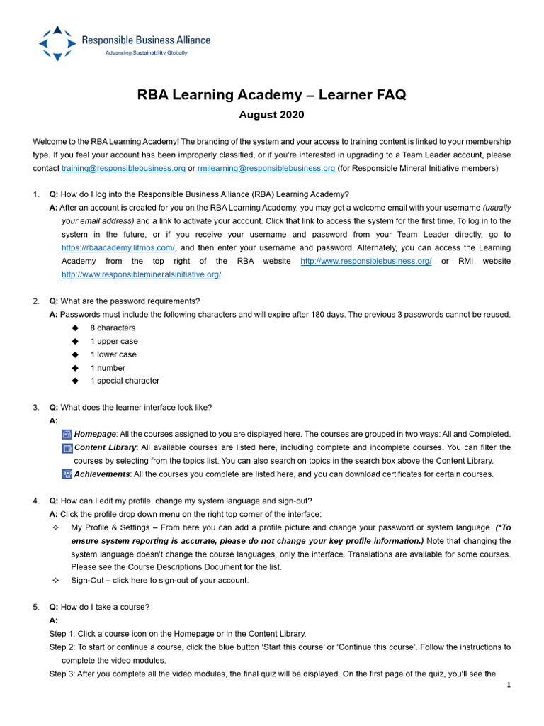RBA Learning Academy - Learner FAQ (En) | PDF