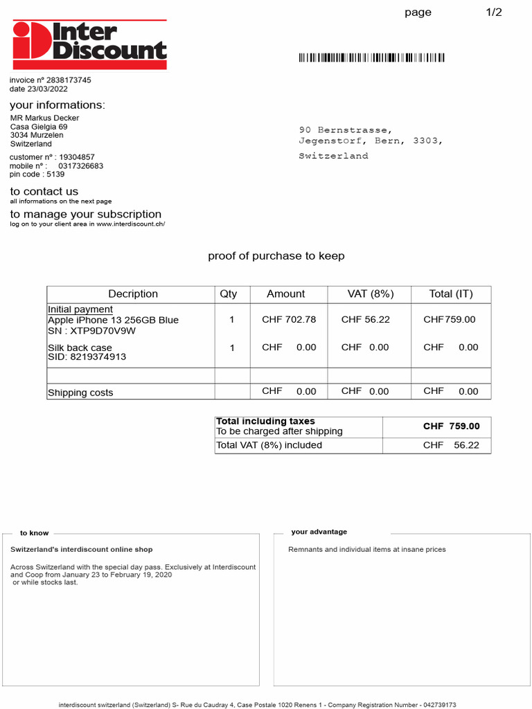 Total (IT) VAT (8%) Amount Qty Decription: Invoice Nº 2838173745 Date ...