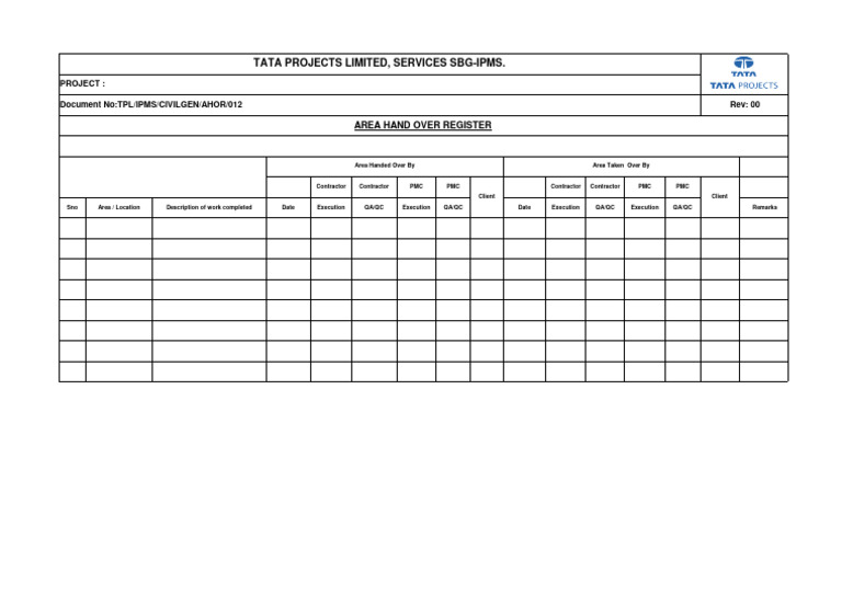 AREA HAND OVER REGISTER-TPLIPMSCIVILGEN AHO 012 Rev00 Dt.04.11.2019 | PDF