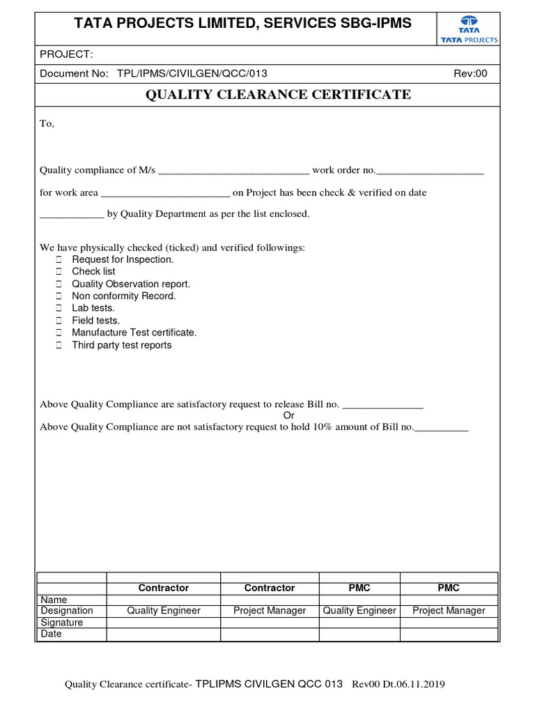 Quality Clearance Certificate - TPLIPMS CIVILGEN QCC 013 Rev00 Dt.06.11 ...