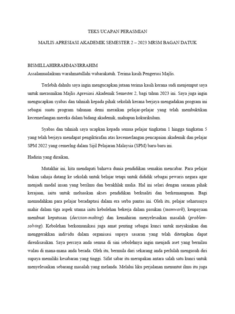 Teks Ucapan Perasmi Apresiasi 2023 | PDF