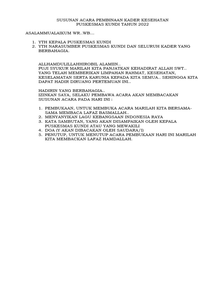 Susunan Acara Pembinaan Kader Kesehatan | PDF