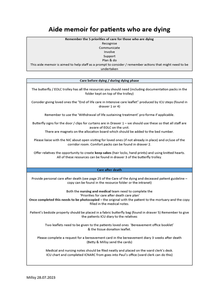 Aide Memoir For Patients Who Are Dying | PDF