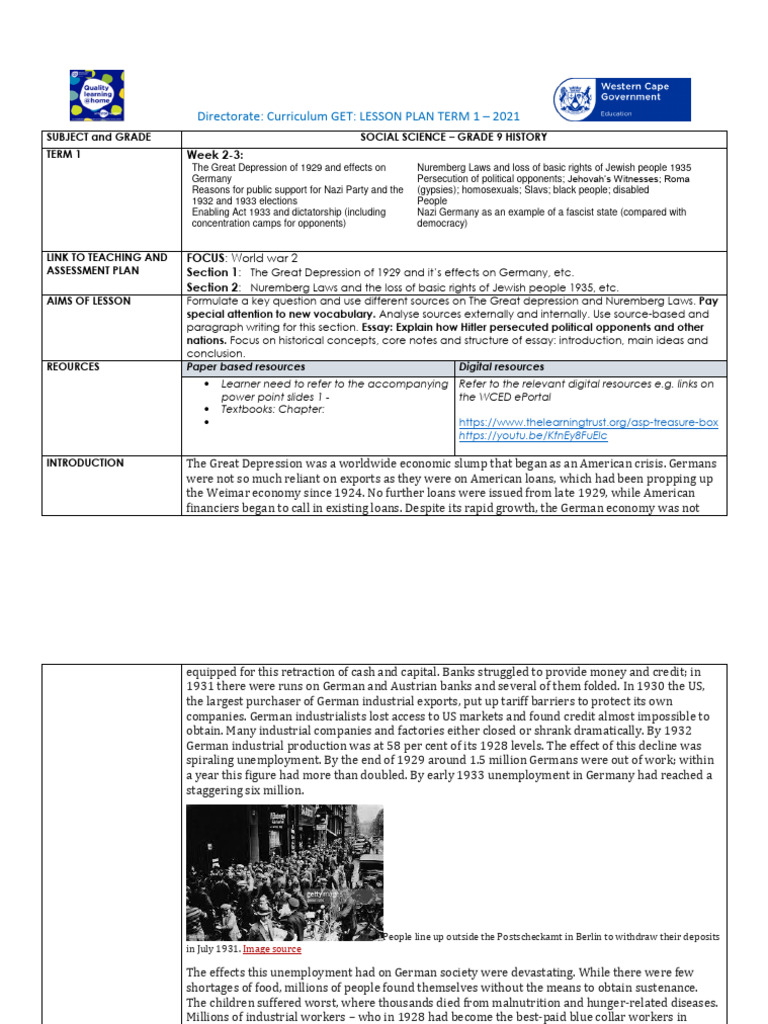Lesson Plan SP Grade 9 SS History T1 W2 | PDF