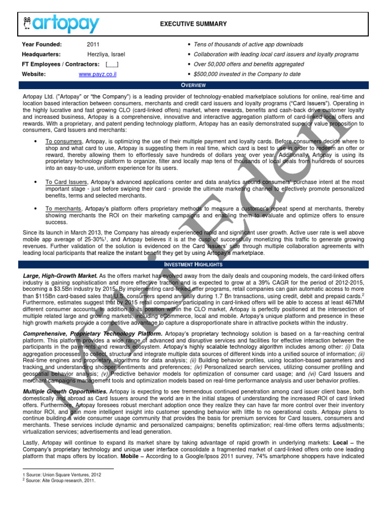 Artopay Executive Summary - Water Marked | PDF | Computers