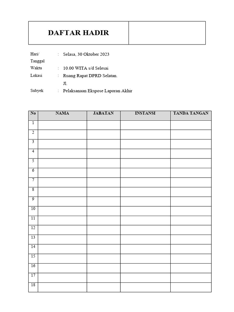 Contoh Absensi Rapat | PDF