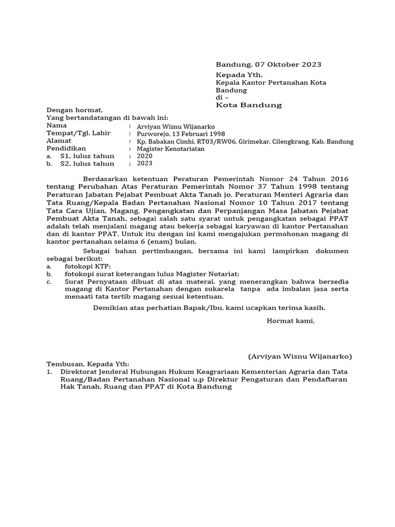 Surat Permohonan Magang Ppat | PDF