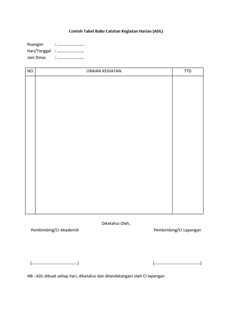 Contoh Tabel Buku Catatan Kegiatan Harian | PDF Contoh Tabel Buku Catatan Kegiatan Harian | PDF