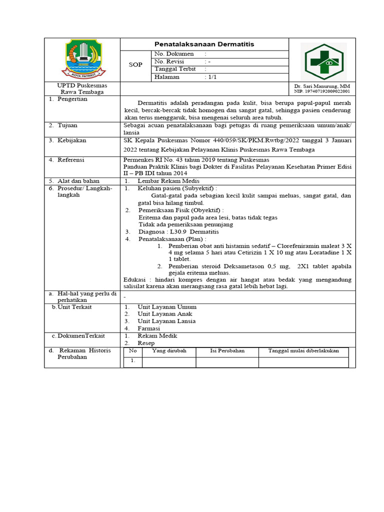 SOP Dermatitis L30.9 | PDF